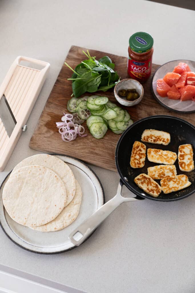 10-Minute Halloumi And Fresh Veggie Tortillas – Kitchen Julie